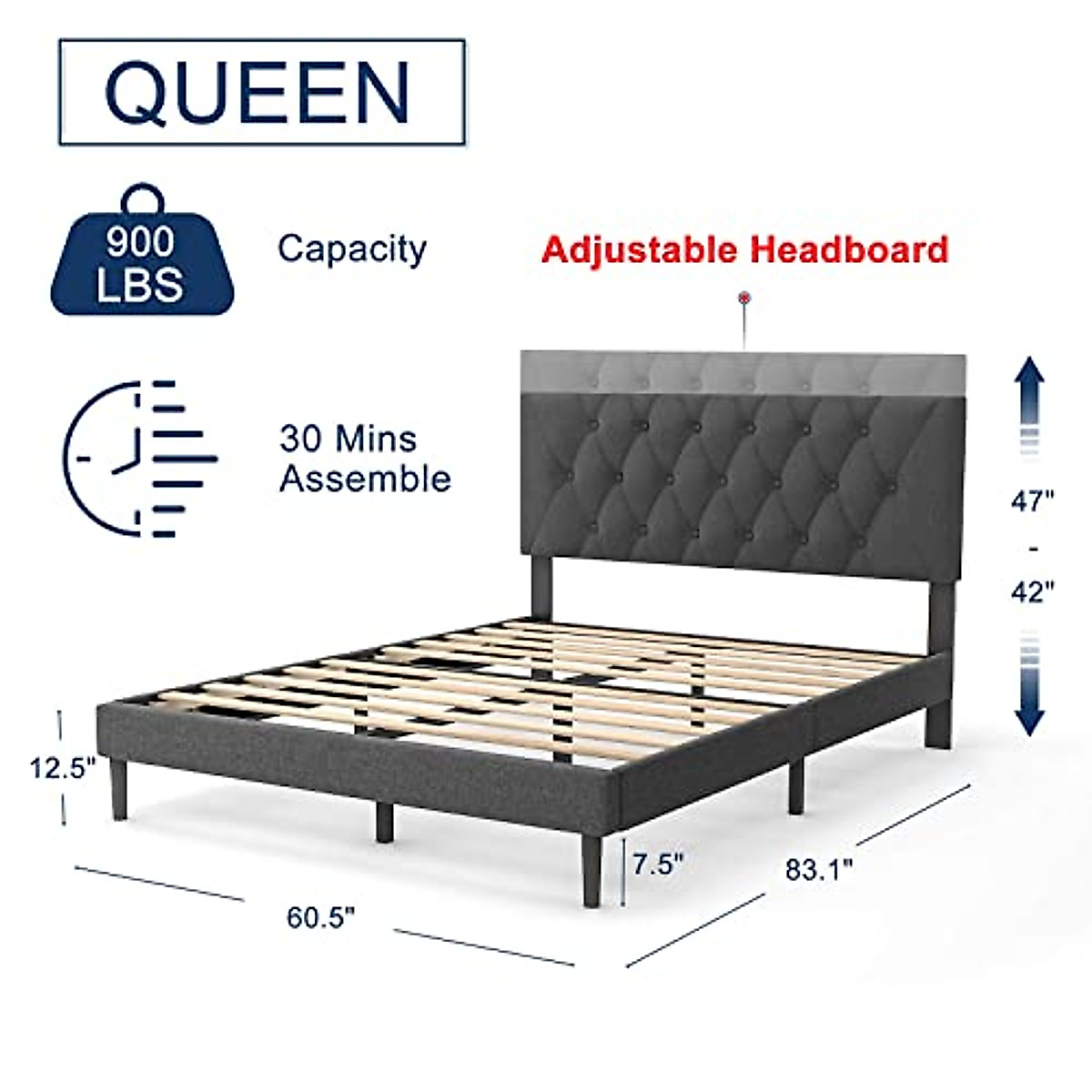Molblly Queen Size Platform Bed Frame with Adjustable Headboard, Linen Fabric Wrap, Strong Frame and Wooden Slats Support, No Box Spring Needed, Non-Slip and Noise-Free, Easy Assembly, Dark Grey