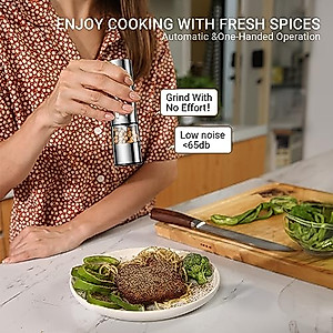 Small Electric Salt and Pepper Grinder Set,USB Rechargeable Salt and Pepper Mill with 5 Adjustable Coarseness Refillable, Stainless Steel One Hand Automatic Pepper Salt Shakers with Wood Base(2 pack)