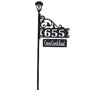 Address America USA Handcrafted, Double-Sided Reflective Boardwalk Lawn Address Sign With Name Rider And LED Solar Light - 58" Pole
