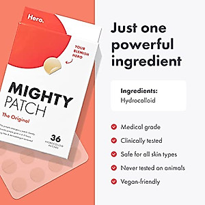Mighty Patch Original from Hero Cosmetics - Hydrocolloid Acne Pimple Patch for Covering Zits and Blemishes, Spot Stickers for Face and Skin, Vegan-friendly and Not Tested on Animals (36 Count)