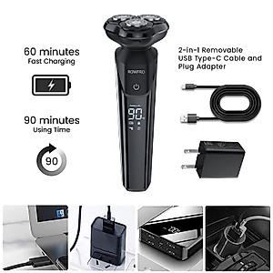 Men's Razor Electric,ROWFRO IPX7 Waterproof Wet&Dry Men's Electric Shaver,Cordless Rechargeable 3D Rotary Shaver Razor for Men with Wall Adapter 100-240V