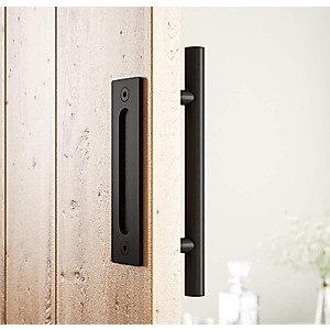 Ranbo Heavy Duty 12" Pull and Flush Barn Door Handle Set, Large Rustic Two-Side Design, for Gates Garages Sheds Furniture, Black Powder Coated Finish, Round