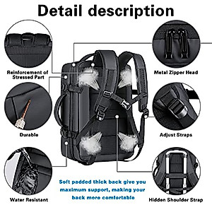 Travel Backpack, Extra Large Travel Backpack, Carry On Backpack, 40L Expandable Flight Approved Water Resistant Luggage Casual Daypack with USB Port Fits 17 Inch Laptop, Travel Gifts for Men, Black