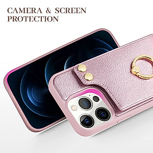 LAMEEKU for iPhone 12 Pro Max Wallet Case, Case with Card Holder Leather Cover 360°Rotation Ring Kickstand Protective Bumper Designed for Women for Apple iPhone 12 Pro Max 6.7'' Rose Gold