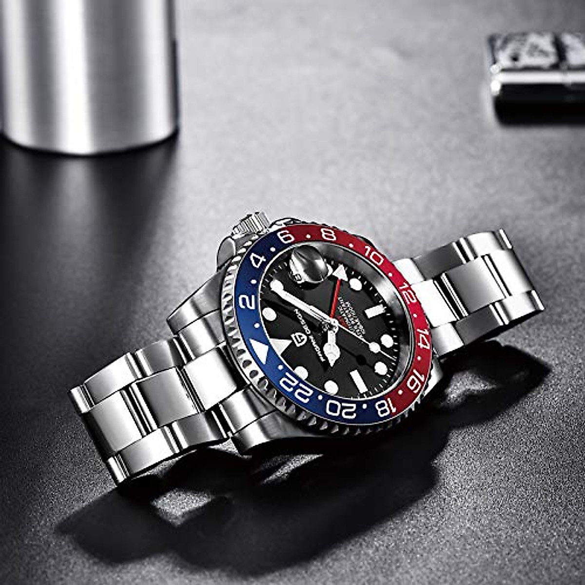 BY BENYAR Pagani Design Men GMT Automatic Watches-Fashion Stainless Steel Mechanical Watch-Sapphire Glass Lens Watch Men (Blue red)