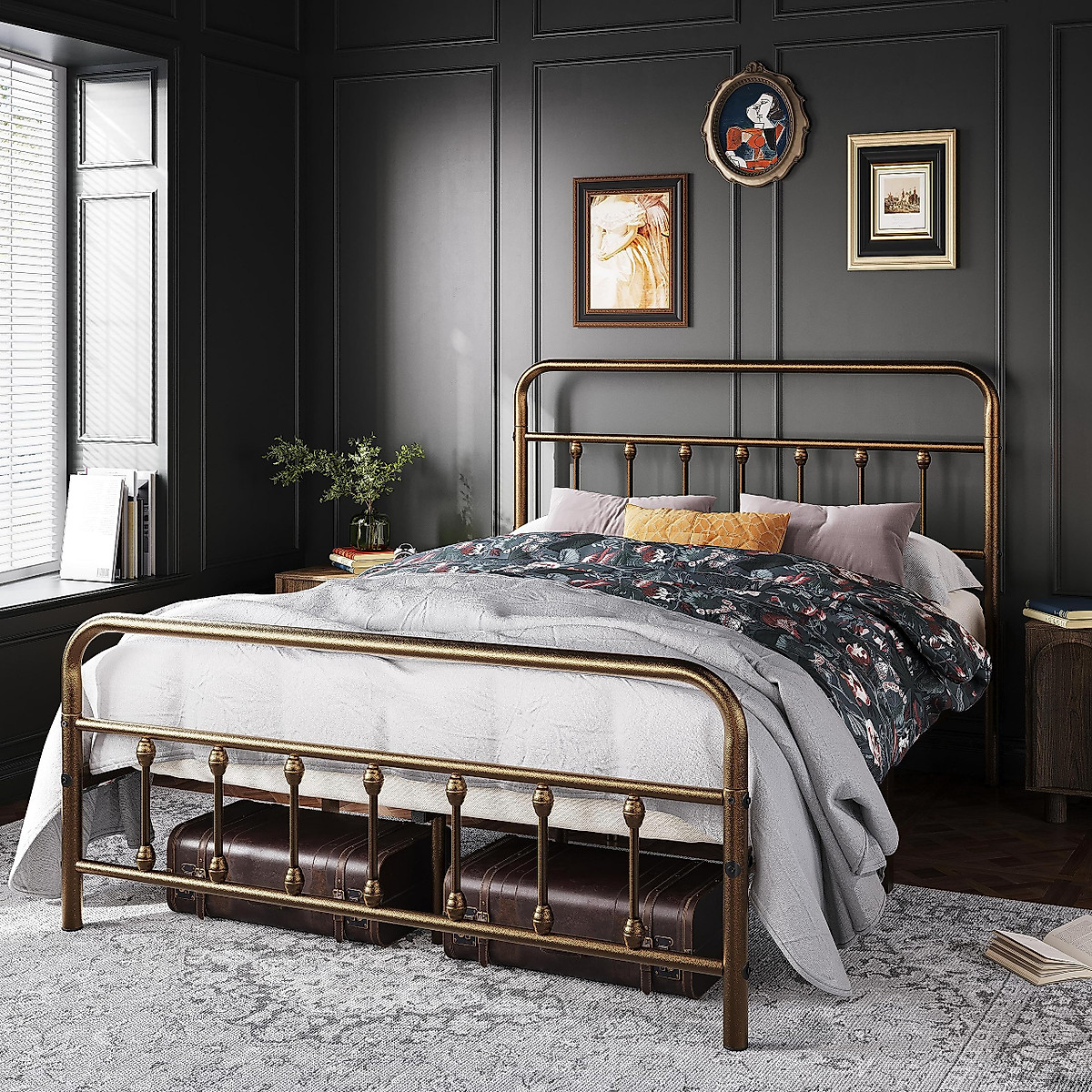 Topeakmart Queen Size Victorian Style Metal Bed Frame with Headboard/Mattress Foundation/No Box Spring Needed/Under Bed Storage/Strong Slat Support Bronze