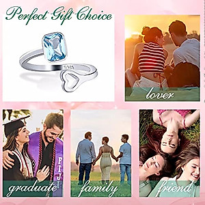 Qings Square Birthstone Adjustable Ring 925 Sterling Silver Hollow Love Heart Cubic Zirconia Aquamarine March Birthstone Open Rings Birthday Gifts for Women Girls