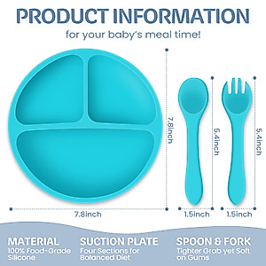 6 Pack Suction Plates for Baby with Spoon Fork Divided Toddler Plate with Suction Silicone Baby Self Feeding Set for Boys Girls (Gray, Green, Blue, Beige, Khaki, Purple)