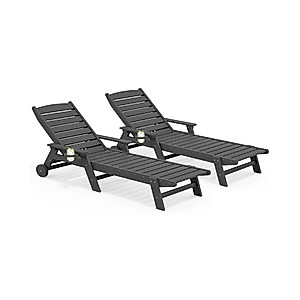SERWALL Patio Chaise Lounge Chair Set of 2, 5 Positions Adjustable HDPE Outdoor Lounge Chair for Pool, Poly Lounge Chair with Rolling Wheels & Cup Holder for Poolside, Deck, Slate Gray