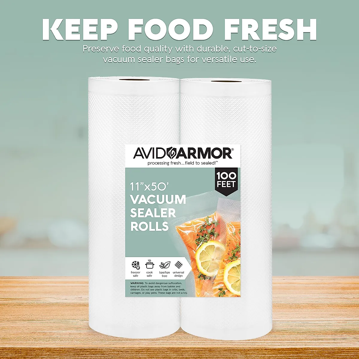 Avid Armor Vacuum Seal Rolls, Vac Seal Bags for Food Storage, Meal Saver Freezer Vacuum Sealer Bags, Sous Vide Bags Vacuum Sealer, Non-BPA Vacuum Sealer Bags, 11 inches by 50 feet, Pack of 2