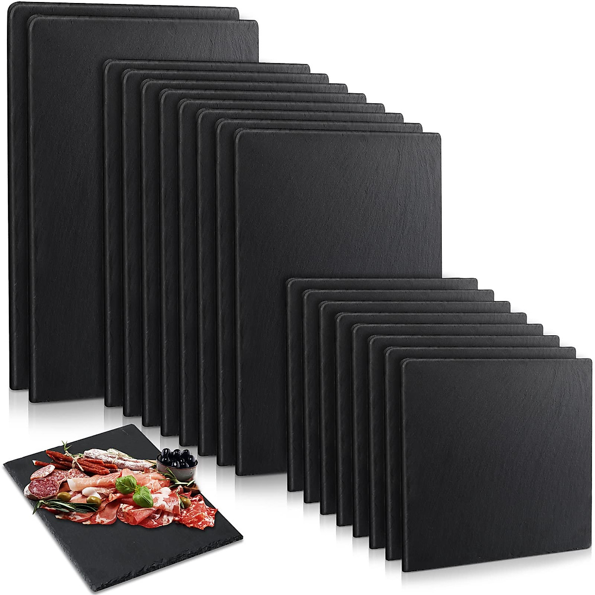 Didaey Set of 18 Slate Boards Black Slate Board Cheese Board Serving Stone Plates Sushi Slate Cheese Tray Individual Slate Platter for Christmas Chalkboard Cutting Food Cake Fruit Meat(Square)