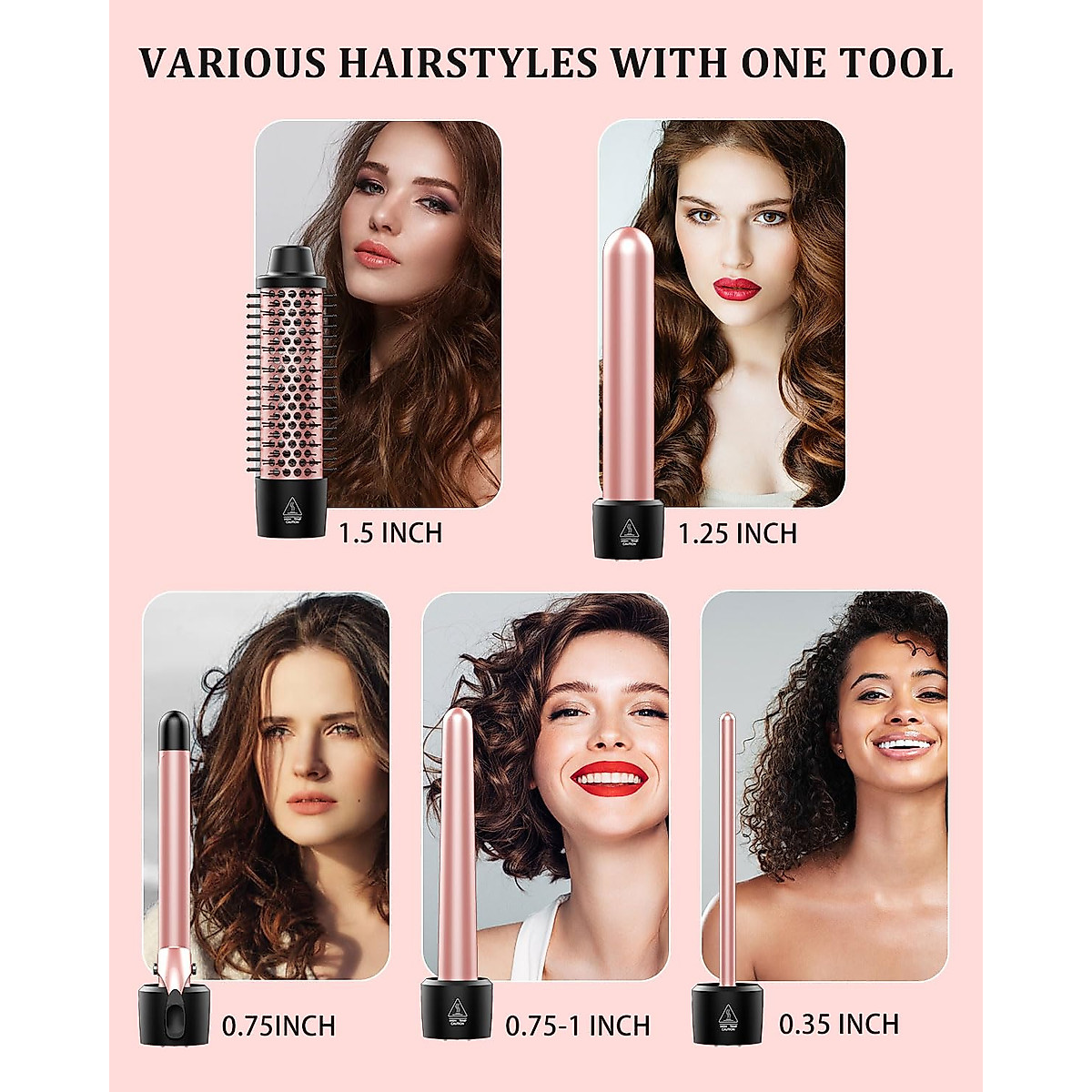 Curling Iron Set，MOCEMTRY 5 in 1 Curling Wand Interchangeable Ceramic Barrels(0.35”-1.25”) and Thermal Brush Curling Iron, Instant Heat Up Hair Curler, with Protective Gloves & 2 Clips