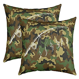 Camouflage Pillow Cases Cushion Covers 24"x24" Set of 2 Soft Camo Throw Pillow Covers for Kids Decor Fishing Decorative Throw PillowCases for Sofa Fisherman Fish Man Cushion Cases Bedroom Green