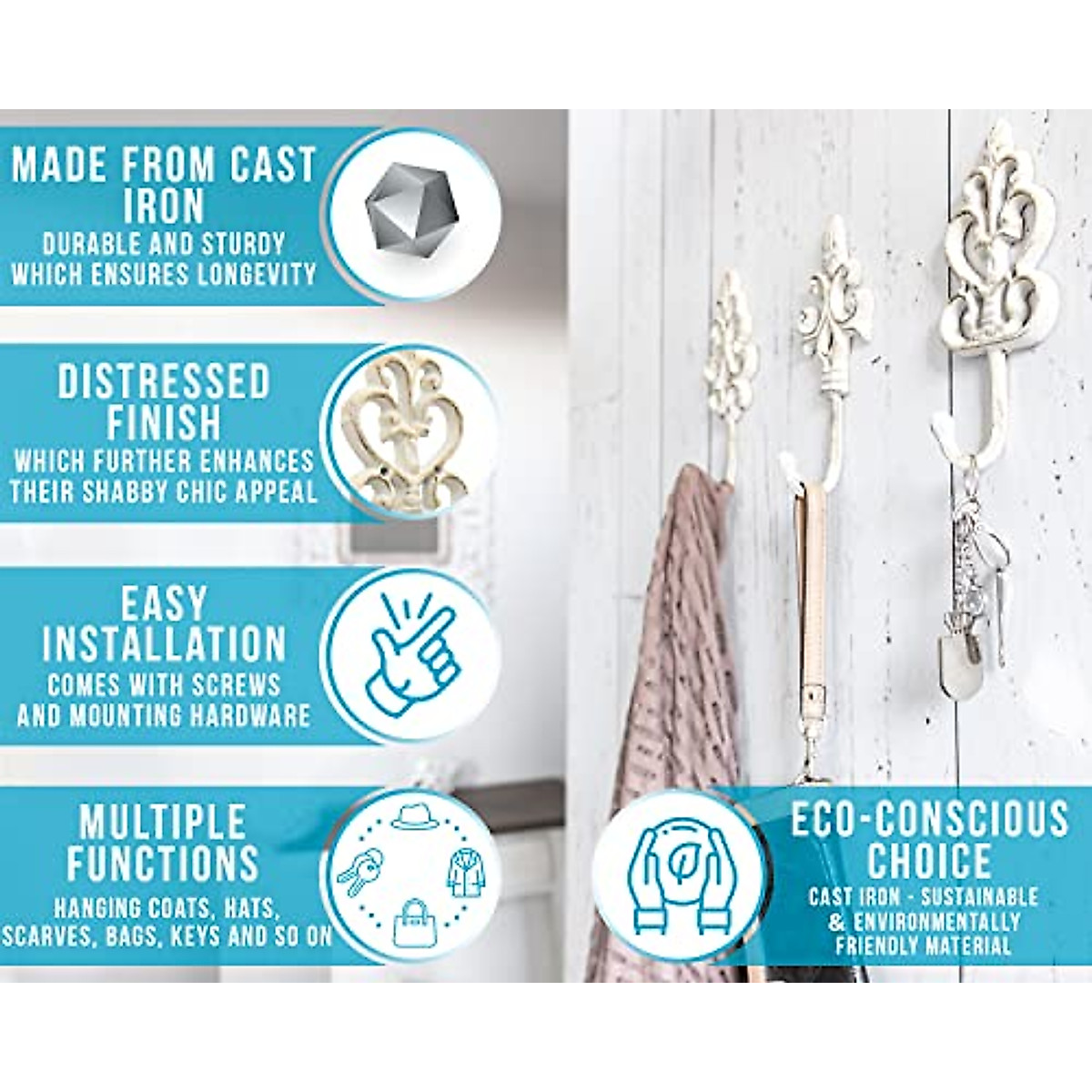 Shabby Chic Decorative Wall Hooks - Set of 3 - Cast Iron French Country Wall Decor - Farmhouse Hangers for Coats, Purses and More - Rustic White