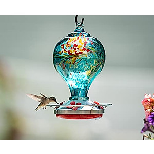 Hummingbird Feeder by Grateful Gnome - Large Hand Blown Stained Glass Feeder for Garden, Patio, Outdoors, Window with Accessories S-Hook, Ant Moat, Brush - 36fl oz, Large Blue Egg Design