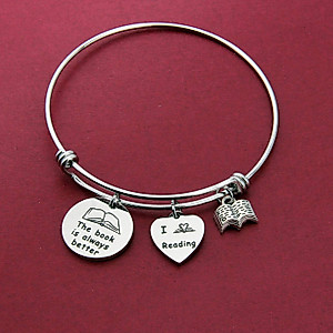 Book Lover Bracelet Literary Jewelry The Book Is Always Better I Love Reading Charm Bangle Writers Author Student Librarian Gift (book lover bracelet)