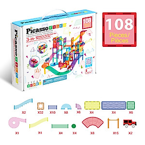 PicassoTiles 108pc 3-in-1 Marble Run Car Race Track Combo Magnetic Tiles PicassoToys Magnet Building Block Educational Construction Toy Playset STEM STEAM Learning Kit Child Brain Development PTG108