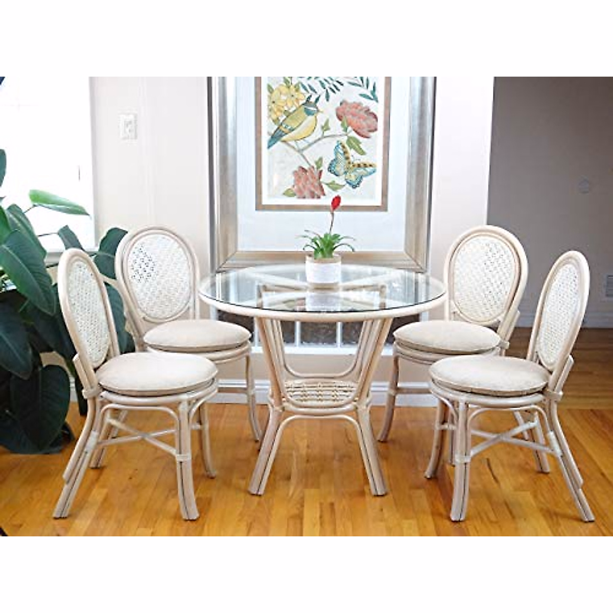 Set of 4 Denver Dining Handmade Wicker Side Chairs with Cream Cushions Natural Rattan, White Wash