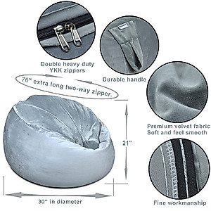 Bean Bag Chair Cover, Stuffed Animal Storage, Plush Toys Organizer Holder, Beanbag Chairs Cover for Kids Teans and Adults Super Soft and Comfortable Fabric X-Large with Handle and Zipper -Round Grey