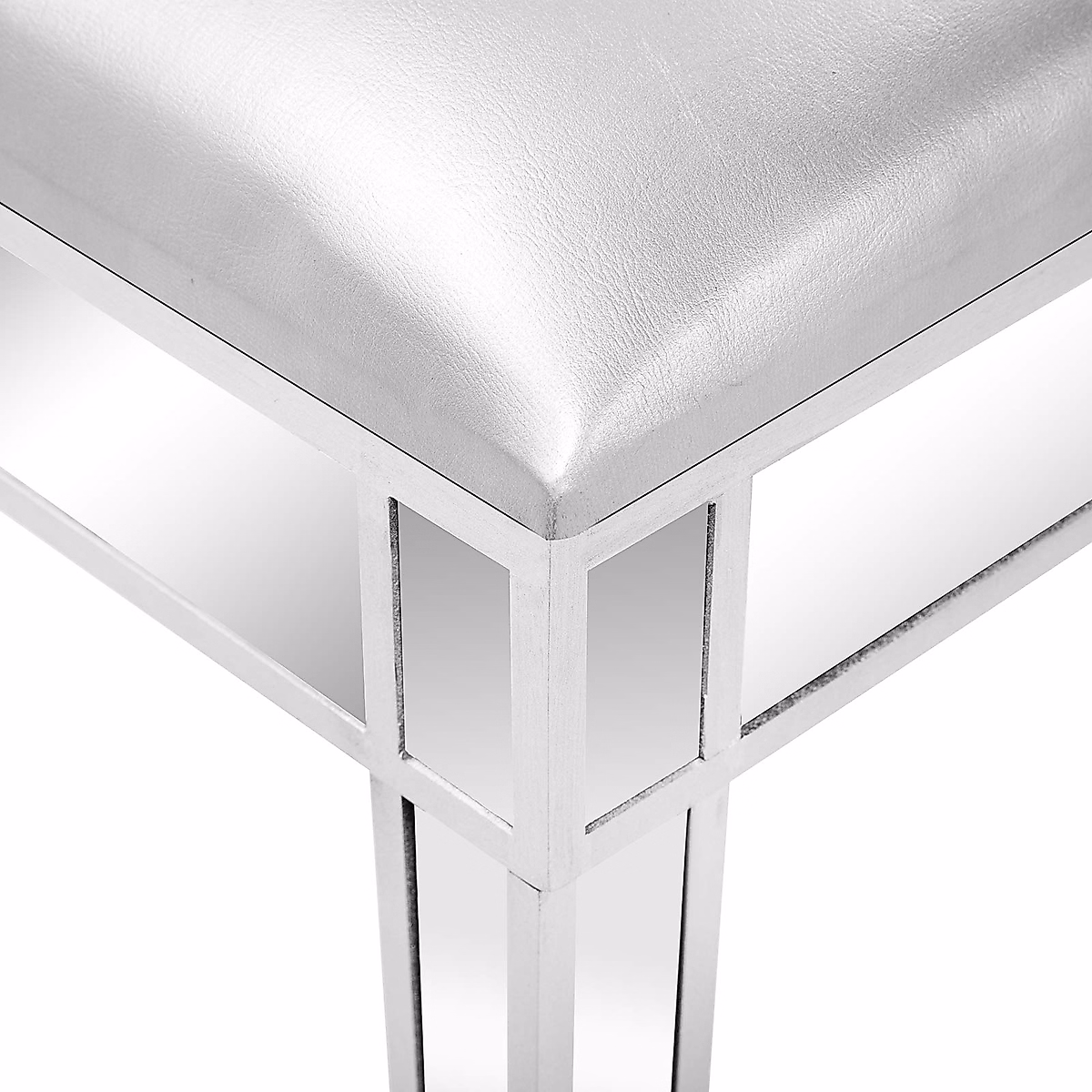 VINGLI Mirrored Vanity Stool with Storage, Faux Leather Ottoman, Makeup Dressing Table Bench, Silver