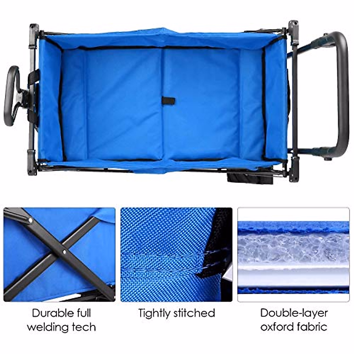 Collapsible Utility Wagon, Heavy Duty Folding Portable Push and Pull Hand Cart with Removable Canopy, for Shopping, Picnic, Beach, Camping, Red (Blue