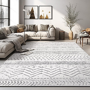9x12 Area Rug Living Room Rugs: Large Soft Machine Washable Boho Moroccan Farmhouse Neutral Stain Resistant Indoor Floor Rug Carpet for Bedroom Under Dining Table Home Office House Decor - Grey