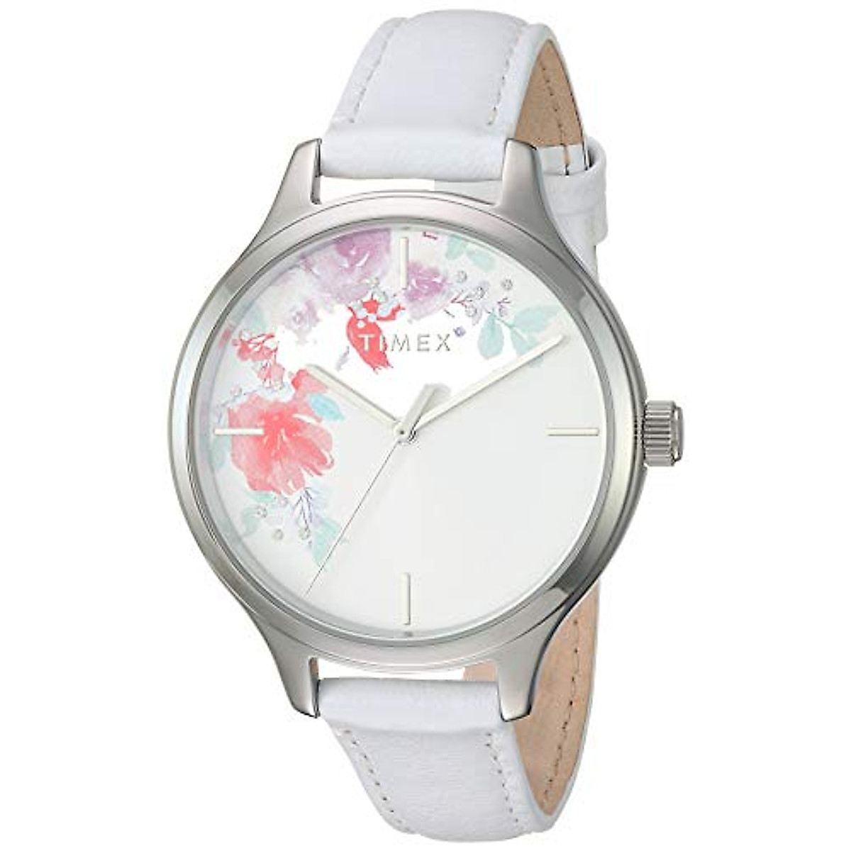 Timex Women's Crystal Bloom 36mm Watch – White Floral Crystal Accent Dial Silver-Tone Case with White Leather Strap