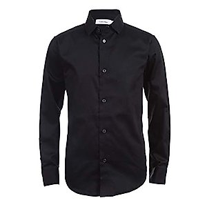 Calvin Klein Boys' Long Sleeve Sateen Dress Shirt, Button-down Style With Buttoned Cuffs & Shirttail Hem, Black, 20