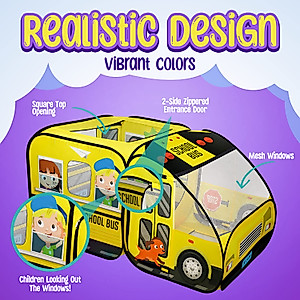 Kiddzery School Bus Pop Up Kids Play Tent - Tents with Sound Play Button for Toddler & Up - Girls and Boys Magic Wheels Bus for Indoor & Outdoor - Pretend Toy Playhouse - Playhouses for Toddlers