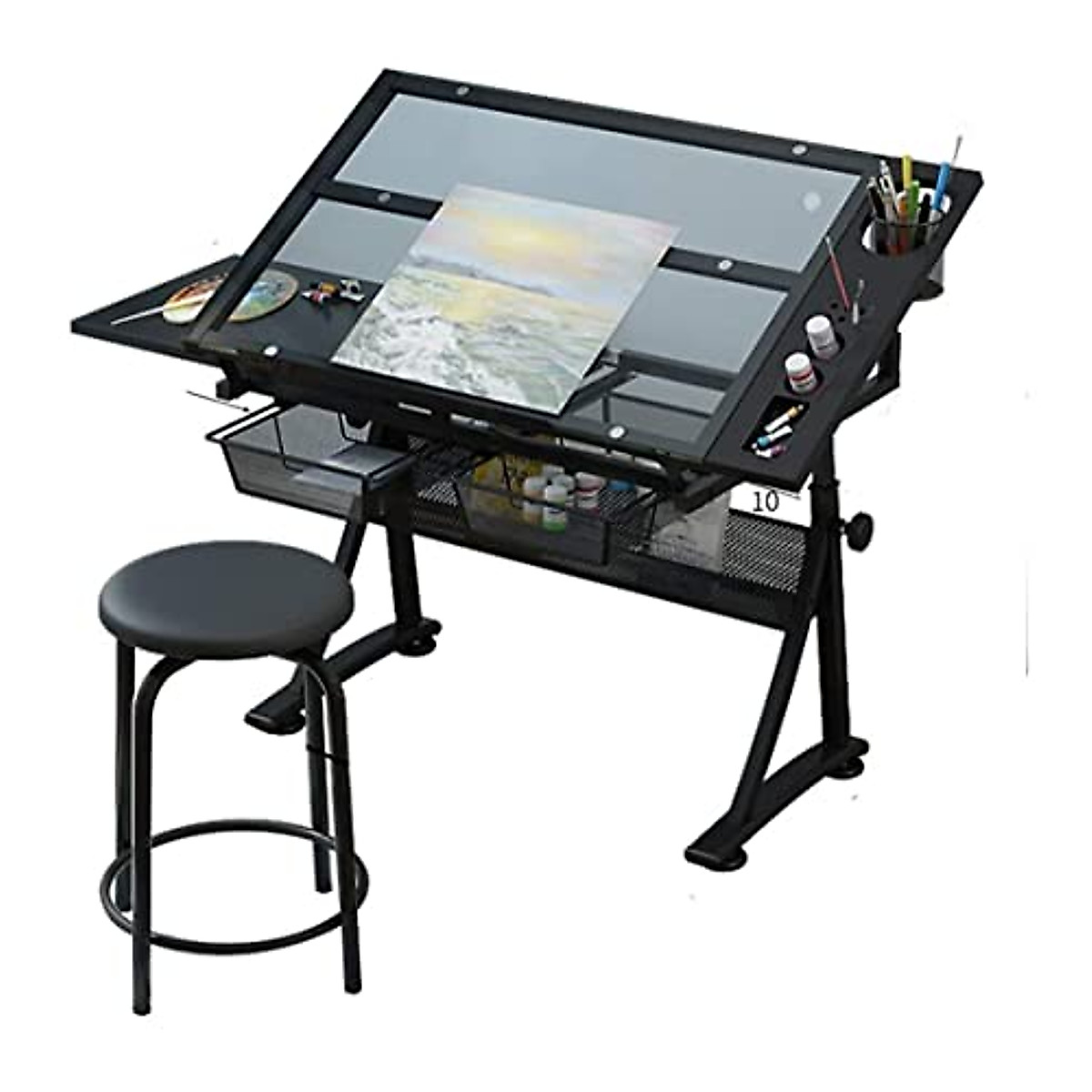 ROLTIN Drafting Tables Drawing Desk with Stool Height Adjustable Multifunctional Art Craft Artist Desk Tilt Glass Top Board Drawing Desk for Work Study Painting Craft Des