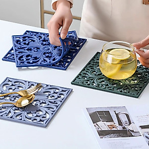 Viwehots Silicone Trivets Mats for Hot Pots and Pans, Square Non Slip Mat for Table Multi-Use Carved Hot Pads and Mats, Flexible Modern Pad Heat Resistant Big Teapot Coaster Set of 3 Blue