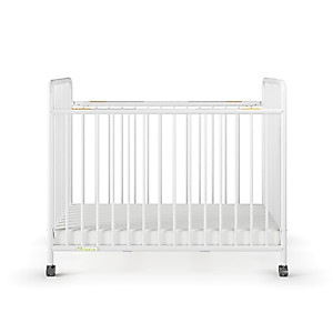 Child Craft Little Dreamer Metal Compact Folding Portable Crib with 2” Crib Mattress and 2 Easy Roll Locking Wheels, Durable Metal Construction, Easy to Clean (White)