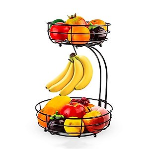 Votono 2-Tier Metal Fruit Basket Detachable with Banana Hanger Fruit Storage Basket for Kitchen, Dining Table, Black