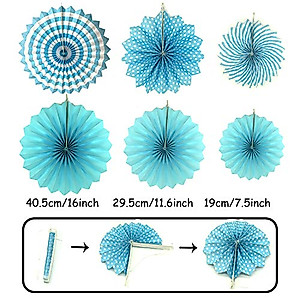 ZERODECO Party Decoration, 21 Pcs Blue Hanging Paper Fans, Pom Poms Flowers, Garlands String Polka Dot and Triangle Bunting Flags for Boy Birthday Parties, Bridal Showers, Baby Showers, Wedding