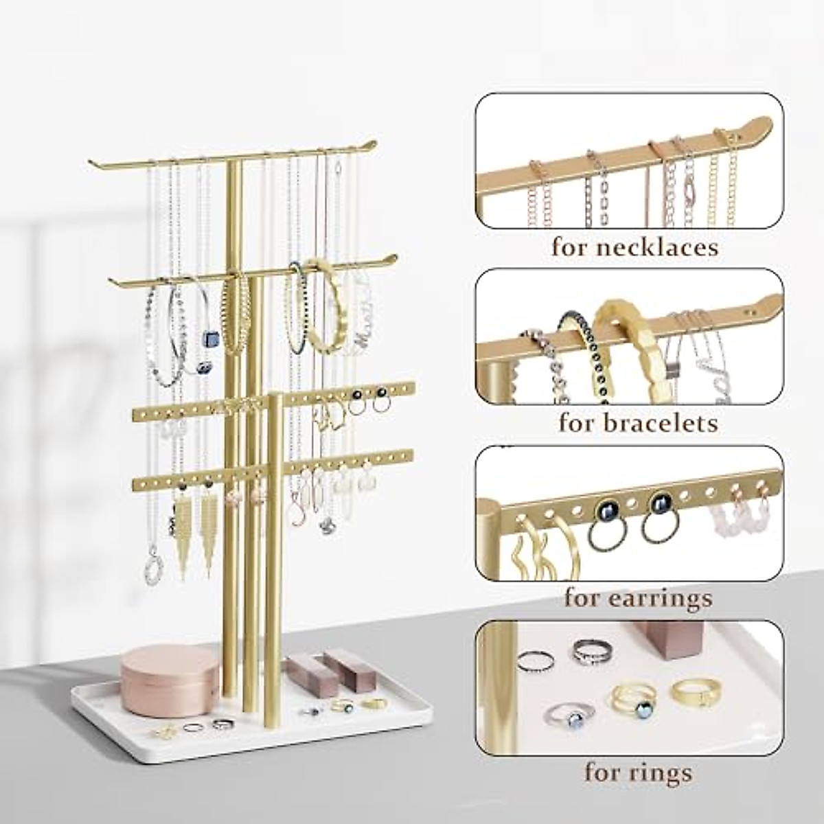 pickpiff Jewelry Stand Holder Organizer: 14.5" Sturdy Jewelry Hanger for Necklace, Earring, Bracelet, Gold and White