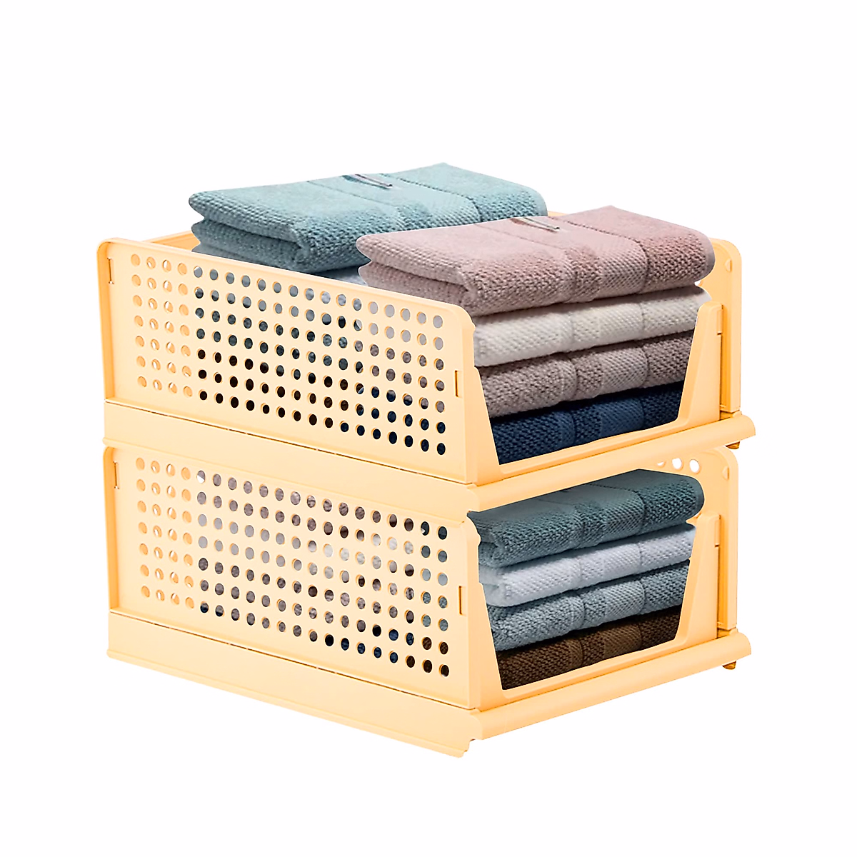 souG 2 Pack (17x 13.2 x 7.3 inch)Stackable Plastic Storage Basket-Foldable Closet Organizers Storage Bins, Perfect for Kitchen, Office, Bedroom & Bathrooms(Yellow)