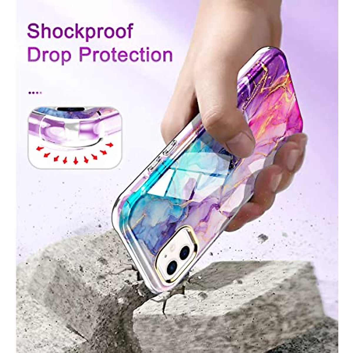 Hocase for iPhone 11 Case, (with Screen Protector) Shockproof Slim Lightweight Soft TPU+Hard PC Full Body Protective Case for iPhone 11 (6.1" Display) 2019 - Watercolor Marble