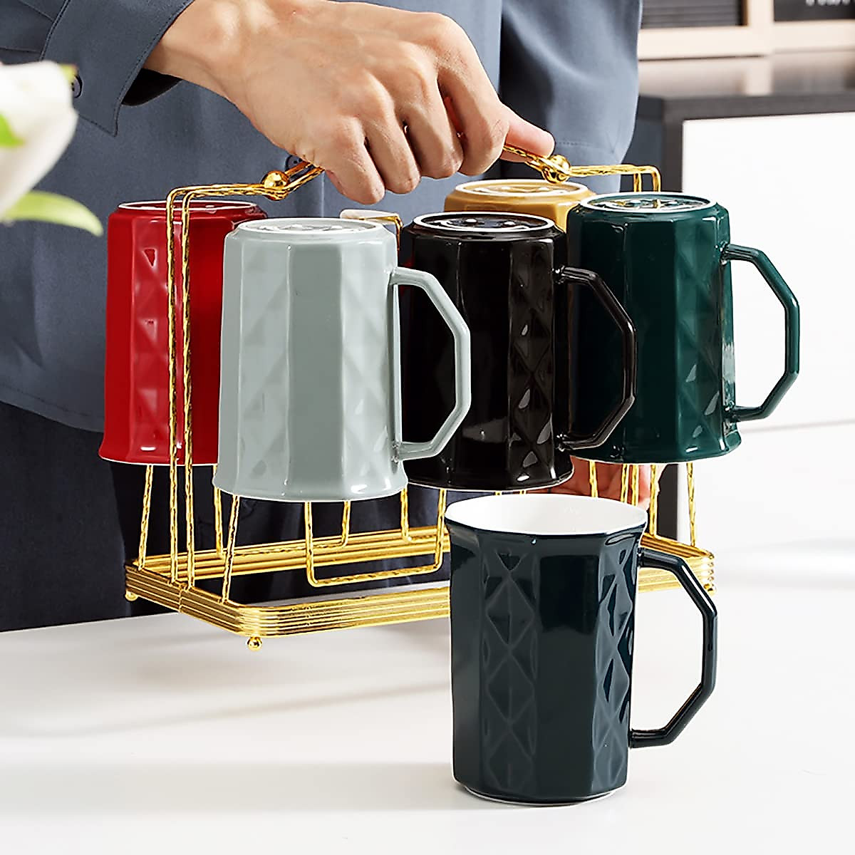QZ.HAYC Porcelain Tea Set Tea Cup Tea Cup Set Coffee Cup Tea Cup 6-Piece Set (Including Storage Rack) Afternoon Tea Set, Ceramic Coffee Cup, Latte Cup (Six Color Cups)