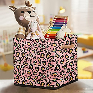 Pink Leopard Print Cube Storage Bins 13 x 13 x 13 inch, Fabric Organizer Bins Basket Boxes with PU Leather Handles Foldable Storage Cube for Clothes Bedroom Closet Shelves