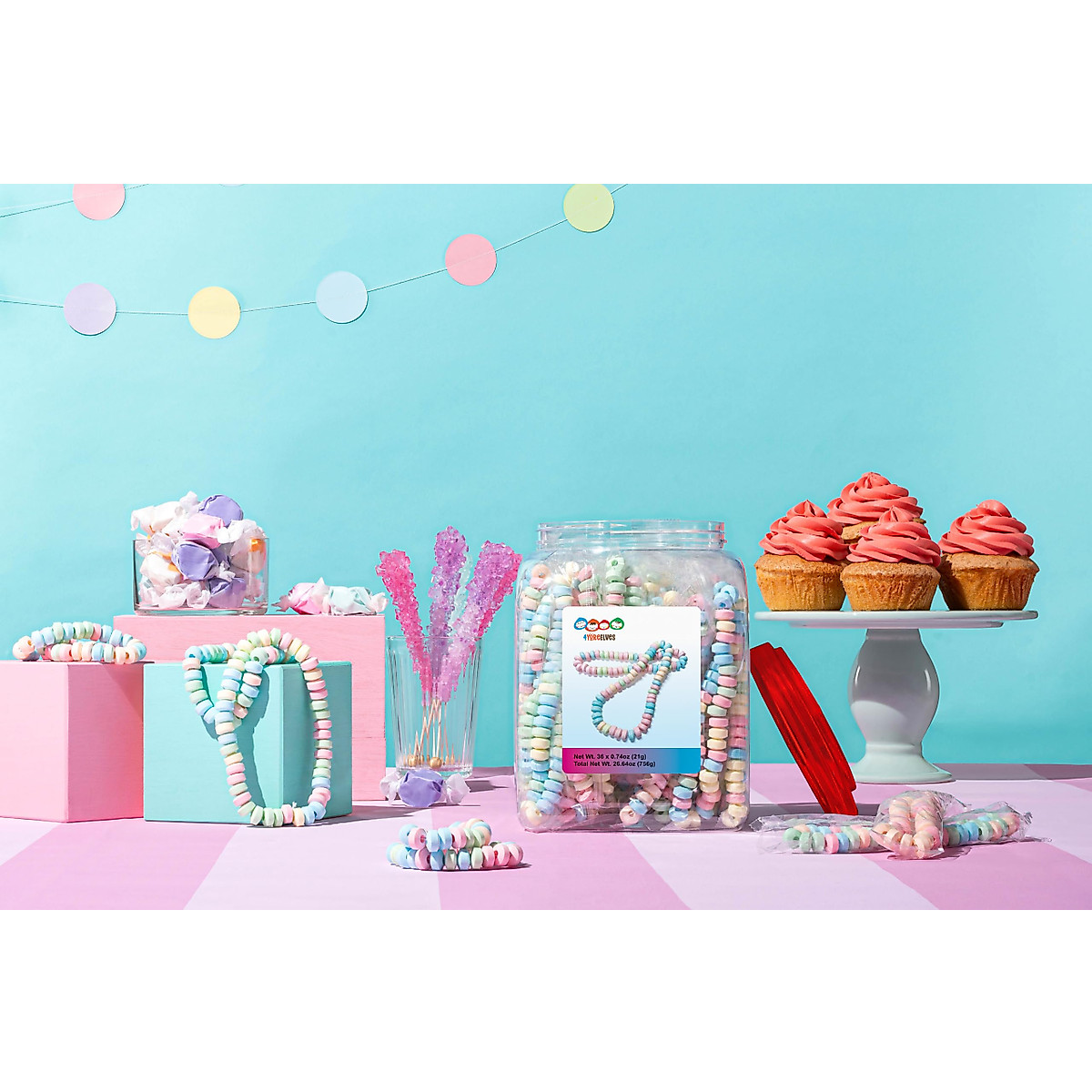 36 Candy Necklaces Individually Wrapped, Choker Style, Nostalgic Pastel Candy Jewelry Perfect for Party Favors, Pinata Fillers and Goodie Bags, Packed in a Convenient Display Tub, By 4YoreElves