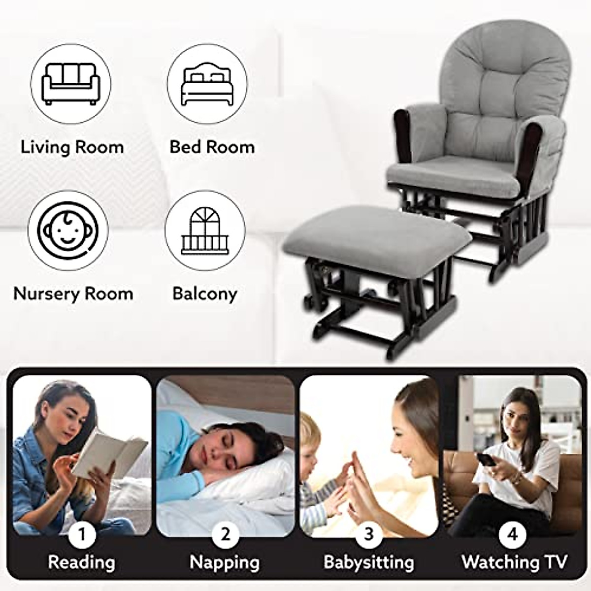 Naomi Home Brisbane Rocking Chair with Ottoman, Comfortable and Relaxing Glider and Ottoman Set for Nurseries Espresso, Dark Gray