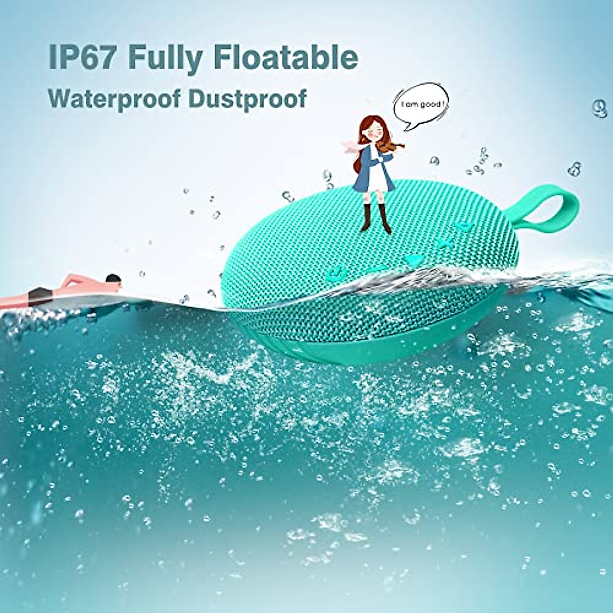INSMY Waterproof Bluetooth Speakers, IP67 Floatable, Portable Wireless Small Shower Speaker, Punchy Bass Loud Sound, Stereo Pairing, 24H Playtime, Hands-Free Clear Call for Beach Kayak Canoe (Mint)
