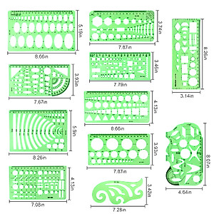 11PCS Geometric Drawings Templates, Drafting Stencils Measuring Tools, BetyBedy Plastic Clear Green Ruler Shapes with a Zipper Bags for Architecture, Office, Studying, Designing and Building