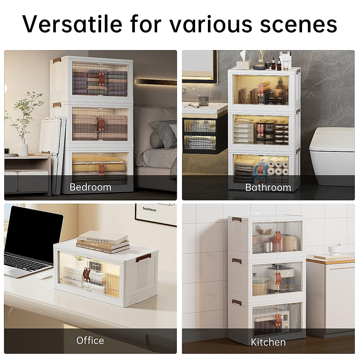 UFORU 18Gal/72QT Collapsible Storage Bins with Lid, 3 Packs 216QT Plastic Stackable Storage Bins with Open Front Door and Wheels, Storage Organizer Cabinet for Home, Office, Closets, Dorm