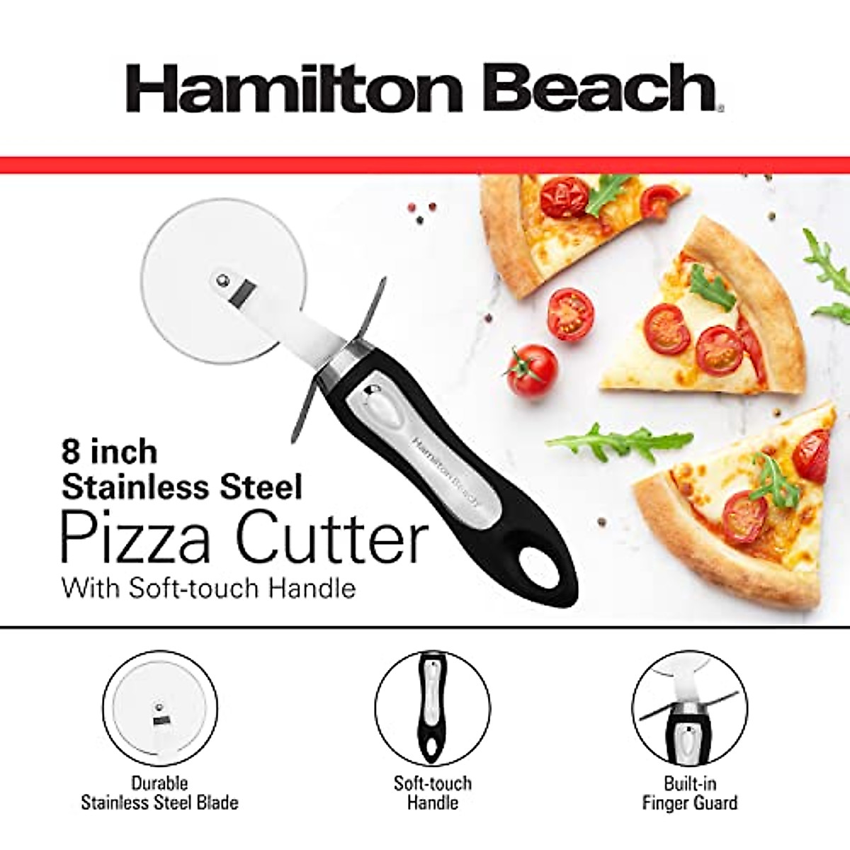 Hamilton Beach Pizza Cutter 8in soft touch handle, Premium Stainless Steel Pizza Slicer, Easy to Clean & Cut Pizza Wheel - Super Sharp, Non-Slip Handle & Dishwasher Friendly ? Black