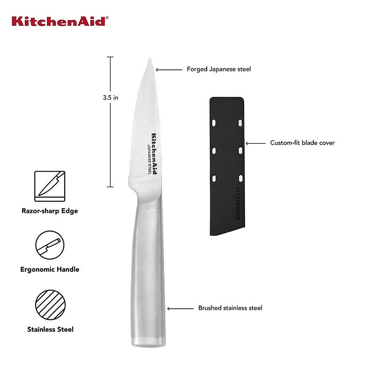 KitchenAid Gourmet Forged Stainless Steel Paring Knife with Custom-Fit Blade Cover, 3.5-inch, Sharp Kitchen Knife, High-Carbon Japanese Stainless Steel Blade, Brushed Stainless Steel Handle