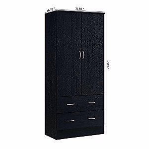 HODEDAH IMPORT Two Door Wardrobe, with Two Drawers, and Hanging Rod, Black