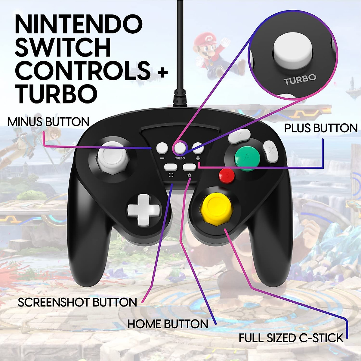 TalkWorks Wired GameCube Controller - Gaming Controller Compatible with Nintendo Switch - USB-A Connection - Nintendo Switch Controls And Turbo Function - 9ft Cable - Black