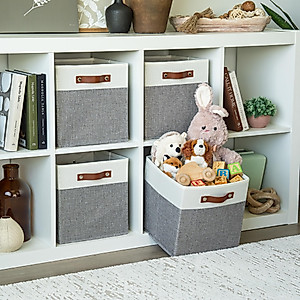 OrganiHaus 11 Inch Cube Storage Bin set of 4, Fabric Storage Bins, Cube Storage Organizer Bins, Cubby Bins w/ Vegan Handles, Kallax Organizer Storage Cube Basket, Square Storage Cubes - Grey/White