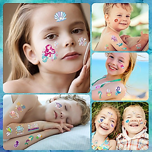 Mermaid Glitter Temporary Tattoos for Kids, 4 Sheets Bronzing Fake Tattoos for Girls, Cute Under Sea Animal Body Arm Shoulder Tattoos Stickers Waterproof Tattoos, Party Favors Supplies Decor Gifts